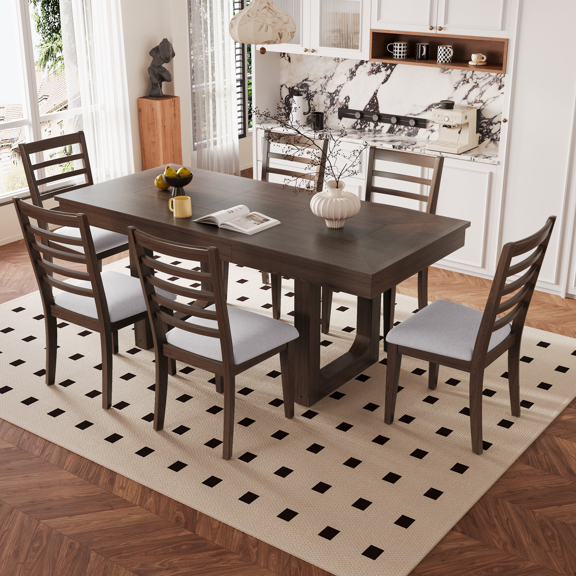 One Allium Way 7 Piece Extendable Dining Table Set, Farmhouse Extendable Table with 18" Move ...